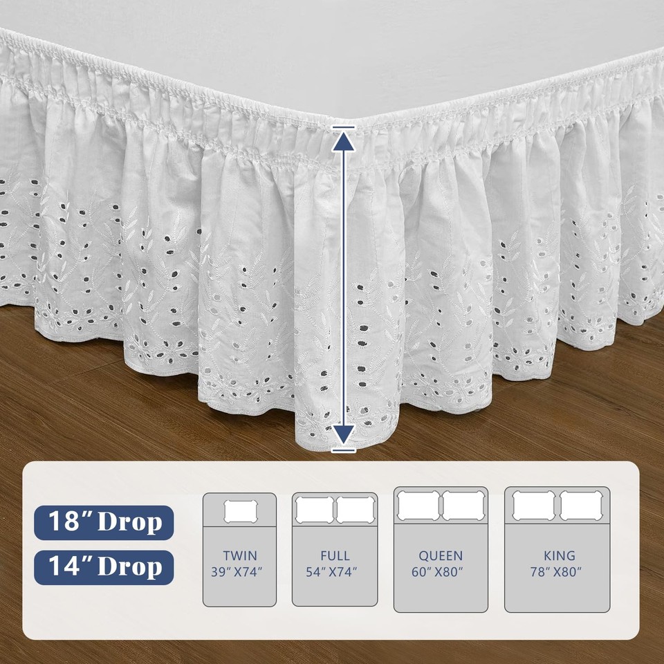 Queen Bed Skirt Wrap-Around Ruffled Eyelet Dust Ruffle 18" Drop White ...