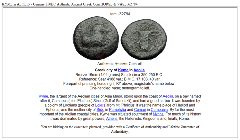 KYME in AEOLIS - Genuine 350BC Authentic Ancient Greek Coin HORSE ...