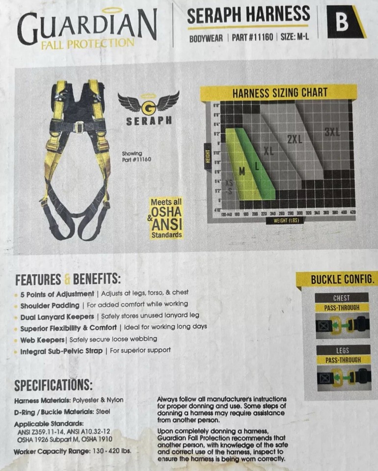 Guardian Seraph Universal Harness Fall Protection Size M/L # 11160 ...