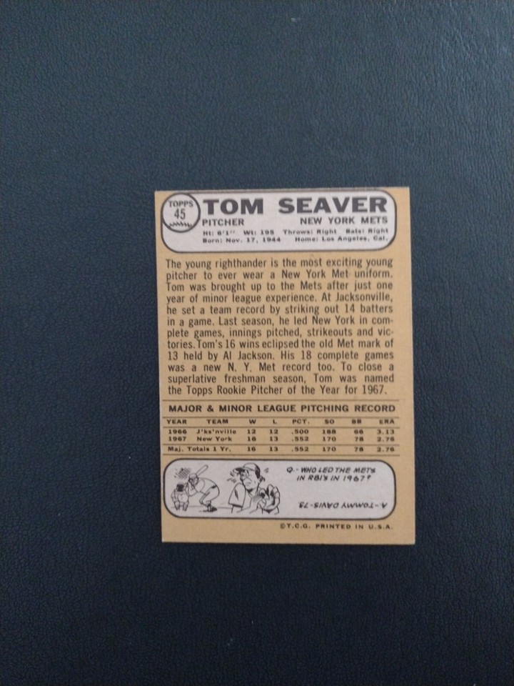 1968 Topps 45 Tom Seaver ROOKIE ALL STAR New York Mets HOF NRMT | eBay