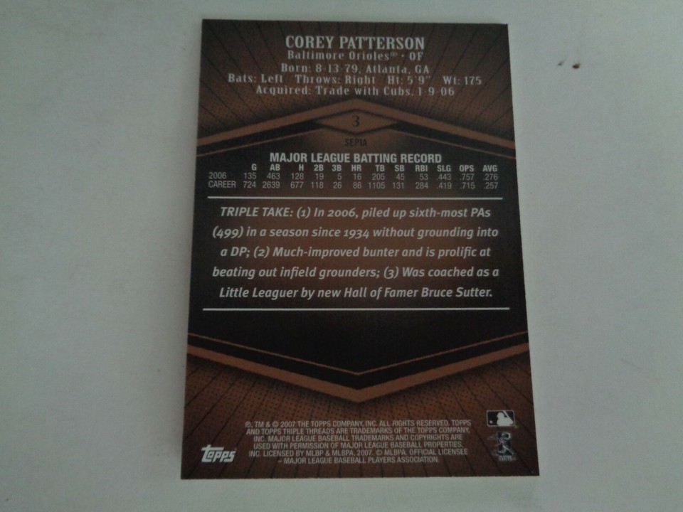 2007 Topps Triple Threads Sepia Corey Patterson Card #3 Serial #522/559 ...