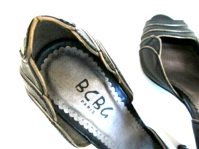 BCBG Paris Black Leather Peep Toe High Heel Sz 7-1/2B Scalloped Edging ...