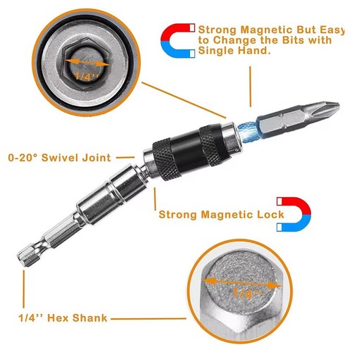 1/4" Hex Pivoting Shank Quick Release Magnetic Screwdriver Extension ...
