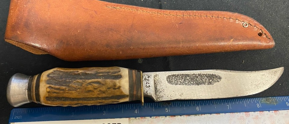 Compass 843 Hunting Bowie Knife, Genuine Stag Handles, Leather Sheath ...