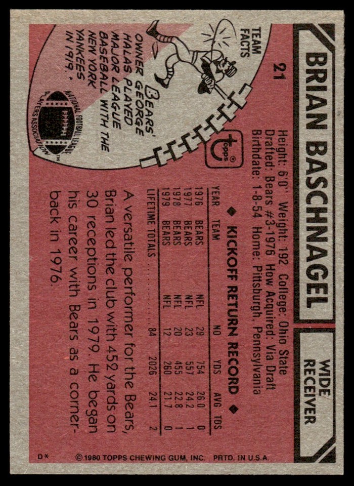 1980 Topps Brian Baschnagel Chicago Bears #21 | eBay