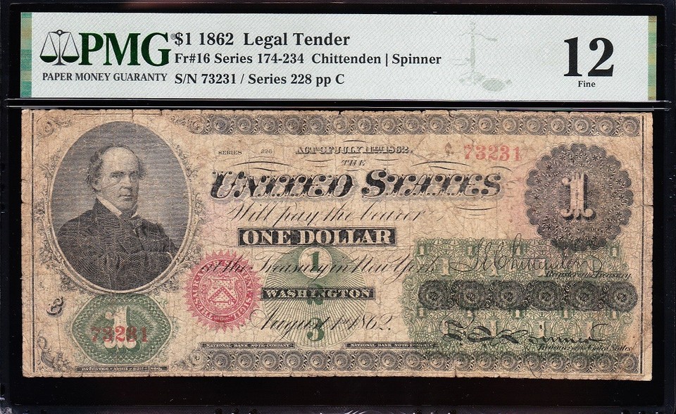 Nice RARE Fine graded 1862 $1 "GREENBACK" US Legal Tender Note! PMG 12 ...