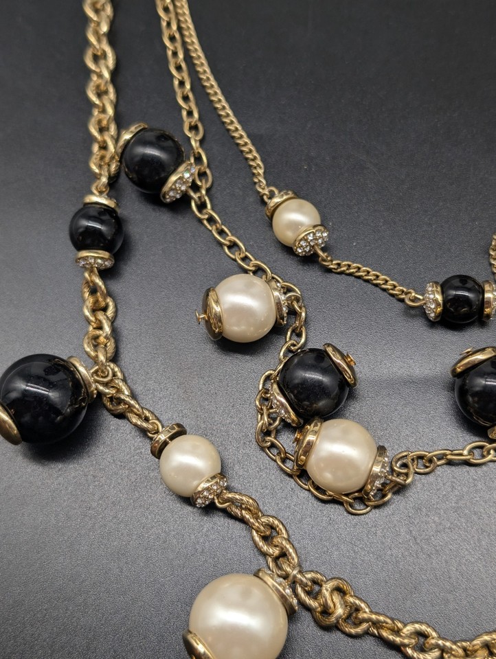 ANN TAYLOR Gold Tone Faux Pearl Rhinestone & Black Beaded Triple Chain ...