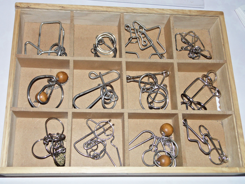 12 PIECE LARGE METAL ANCIENT CHINESE PUZZLES IN WOOD BOX with SOLUTIONS ...