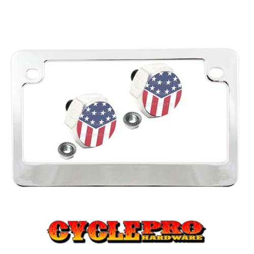 Chrome Metal Motorcycle License Plate Frame Hex Tag Bolt Kit - USA FLAG ...