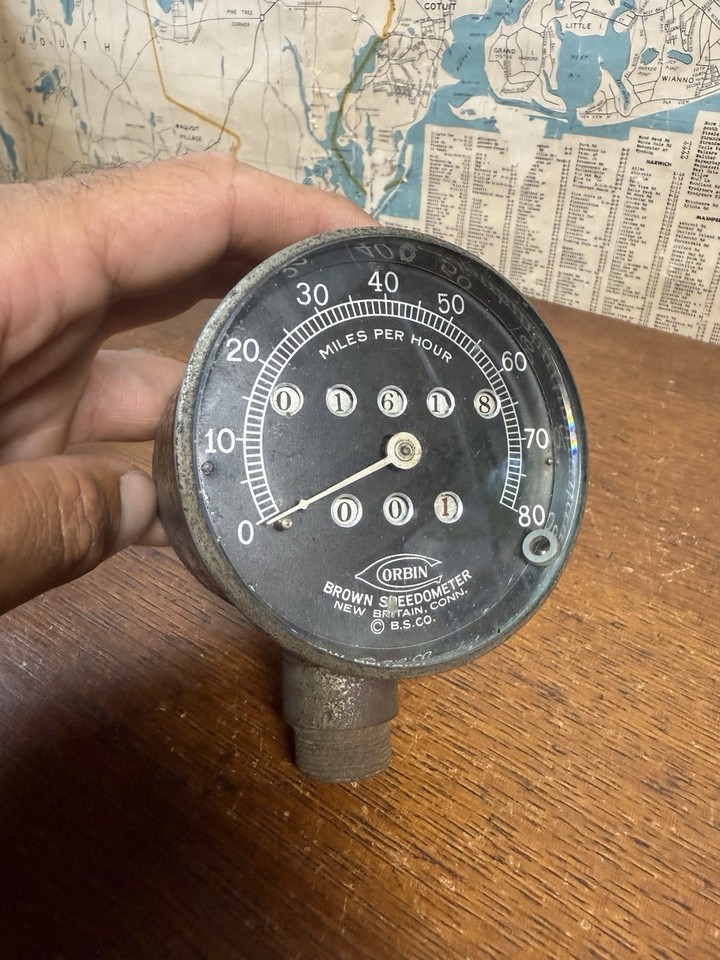 Intact EARLY CORBIN BROWN SPEEDOMETER 80 mph dial spins numbers move ...