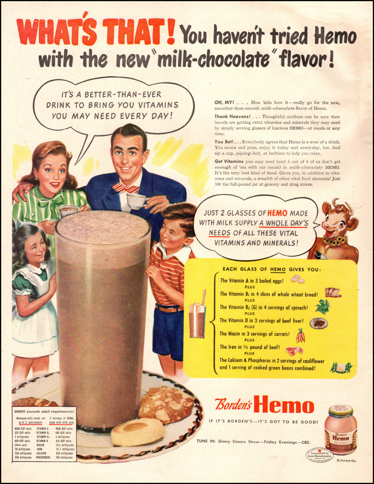 1946 vintage beverage AD Borden's HEMO Chocolate Vitamin Energy Drink ...