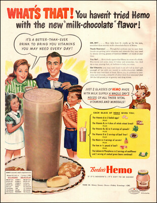 1946 vintage beverage AD Borden's HEMO Chocolate Vitamin Energy Drink ...