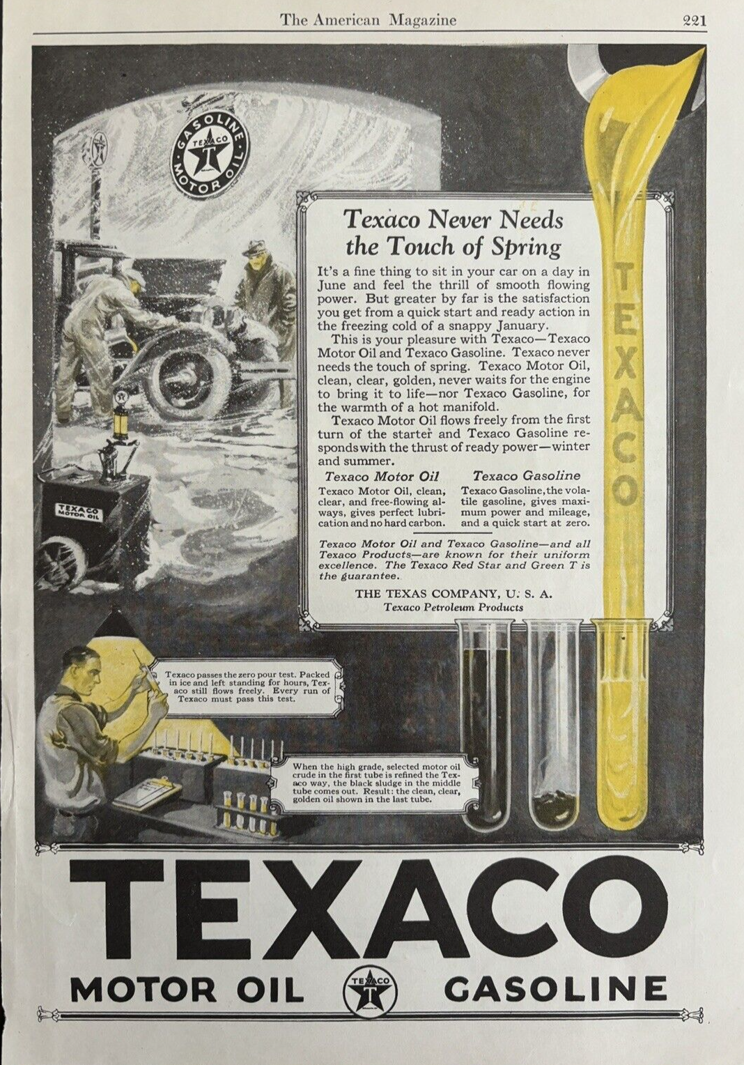 1926 Texaco Motor Oil Gasoline Zero Pour Test Touch Of Spring Vintage ...