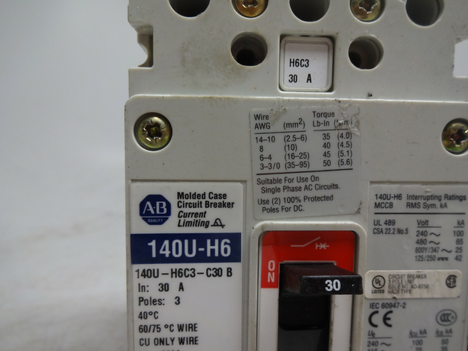 ALLEN BRADLEY 140U-H6C3-C30 B MOLDED CASE CIRCUIT BREAKER | eBay