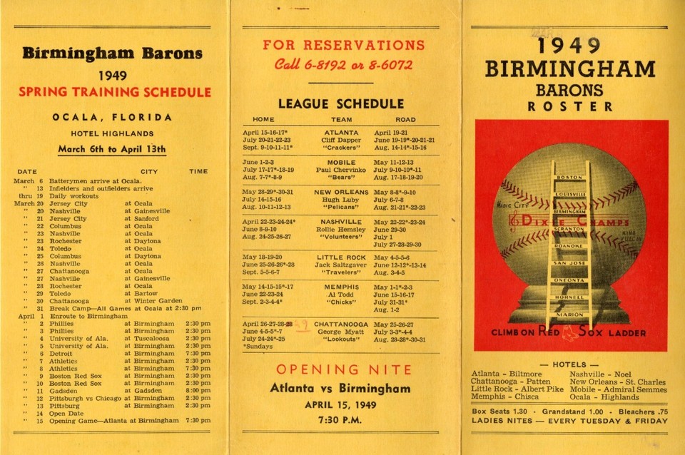 1949 Birmingham Barons Spring Training Roster & Schedules (Media Guide ...