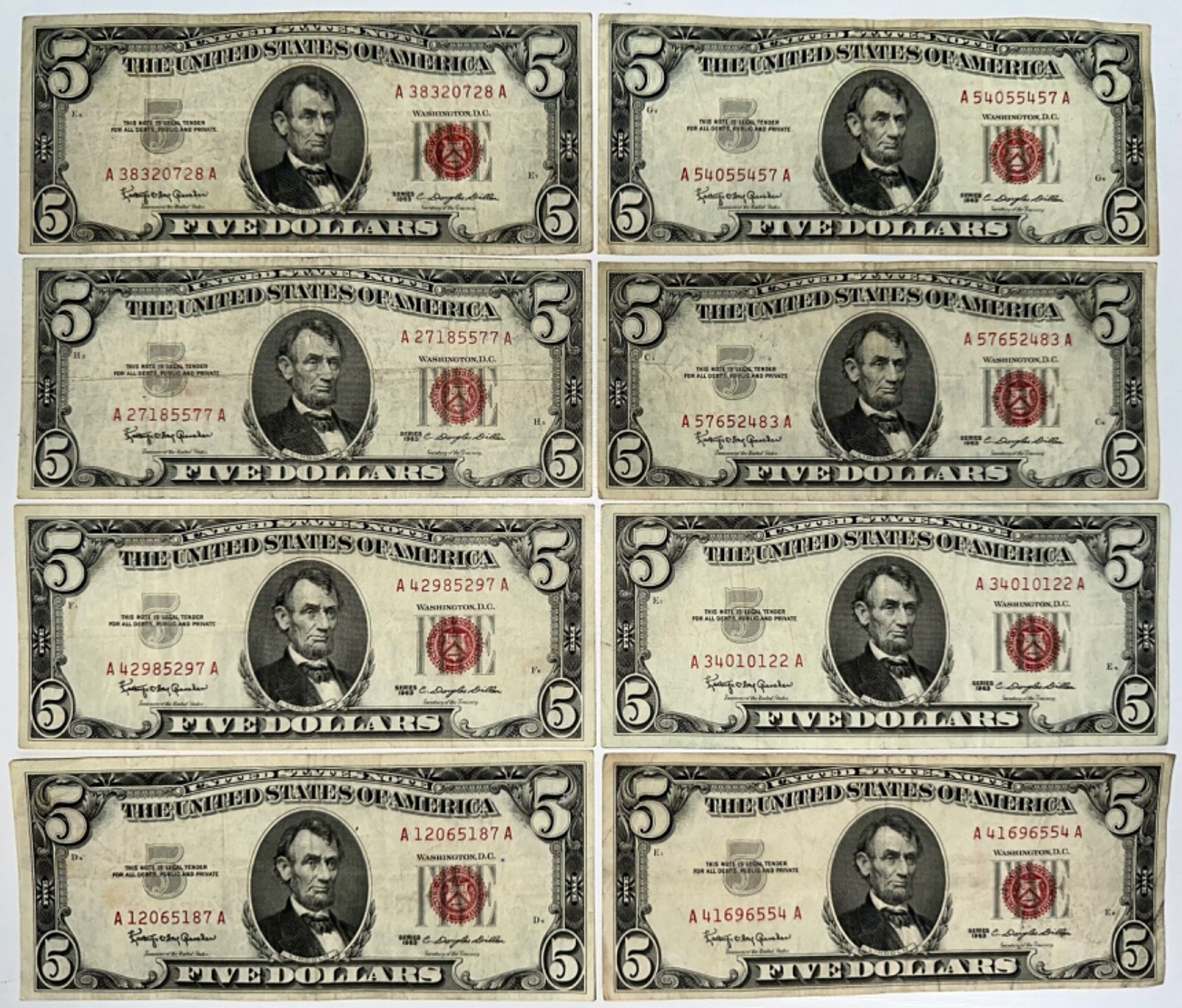 1963 $5 Dollar Notes - Lot of 8 - Granahan/Dillon - Red Seal ...