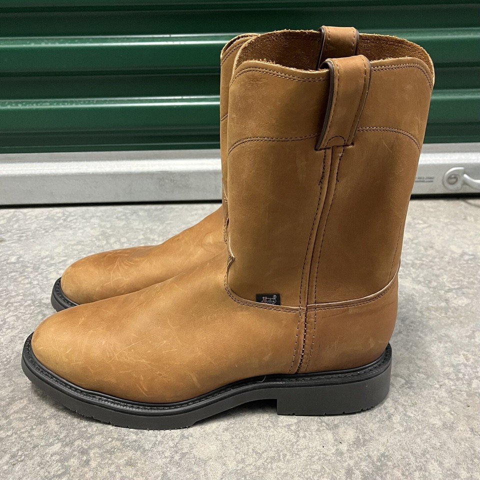 Justin Steel Toe Work Boots Pull On Brown Leather Men’s Sz 11.5 B NEW ...