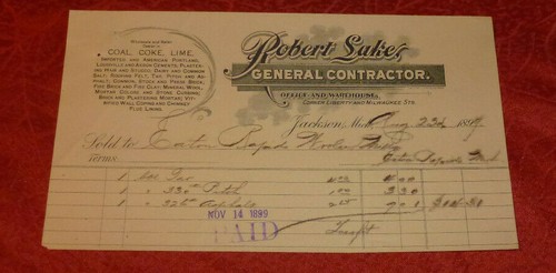 Robert Sake General Contractor Jackson MI 1899 Billhead | eBay