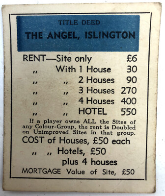 1930's Australian Monopoly Part - Title Deed THE ANGEL, ISLINGTON - Pat ...