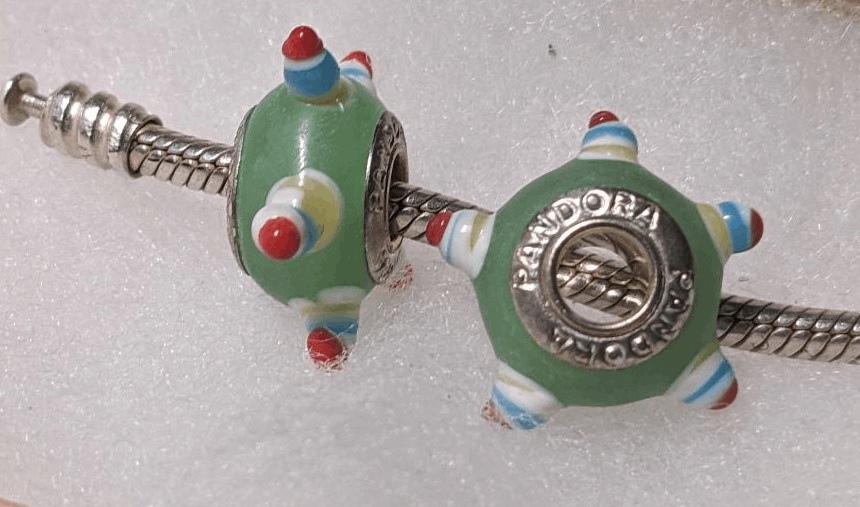 NEW SET OF 2 PANDORA LIGHT GREEN BEADS WITH RED/WHITE/BLUE BUMPS | eBay