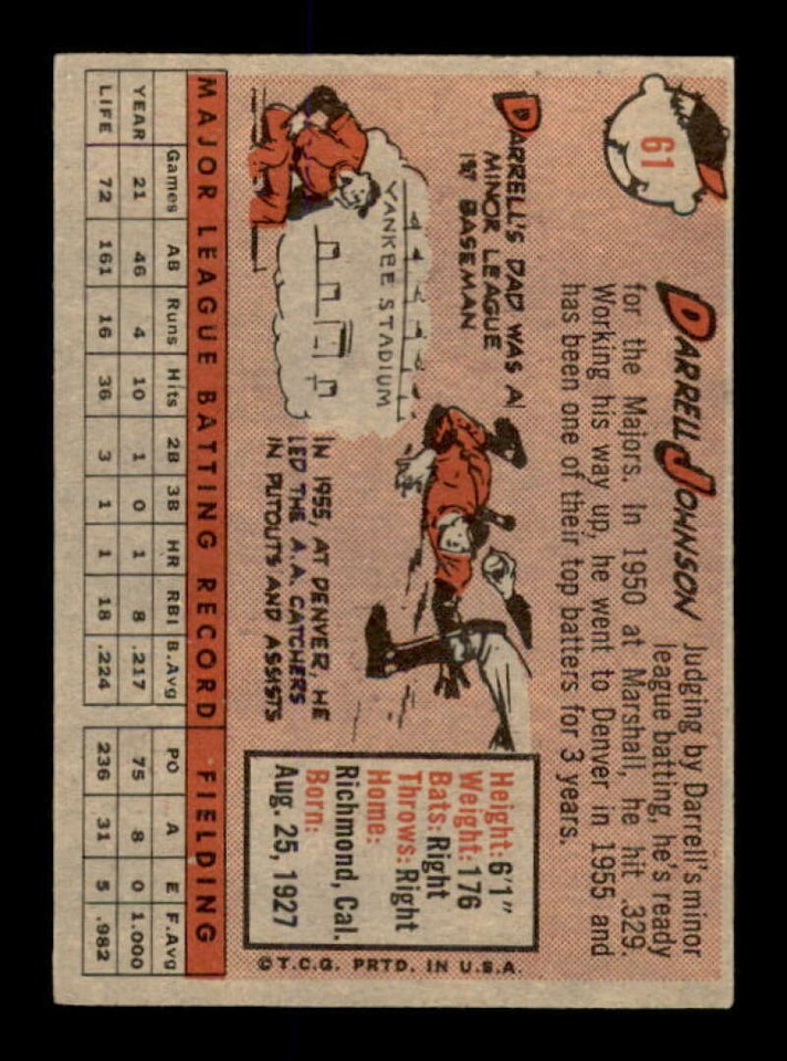 1958 Topps #61 Darrell Johnson VG/VGEX Yankees UER 554015 | eBay