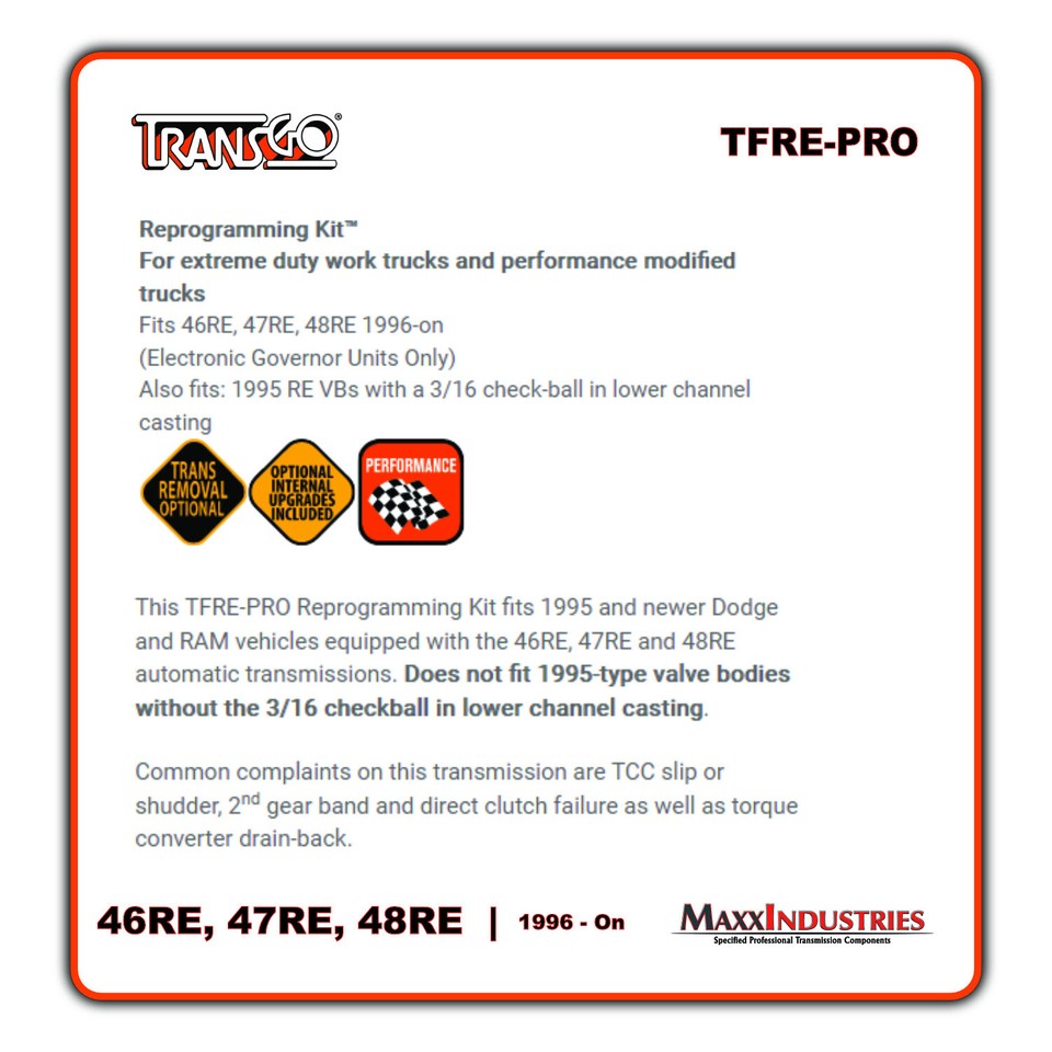 46 47RE 48RE Transmission Valve Body Shift Kit Reprogram TransGo TFRE ...