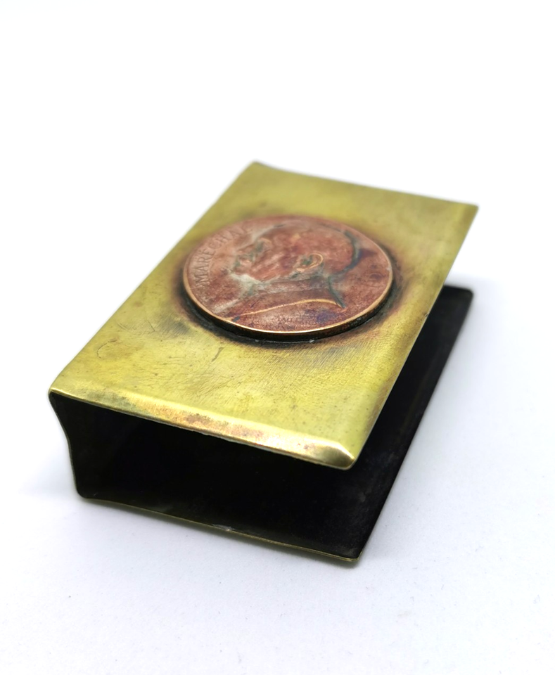 WW1 TRENCH ART, BRASS MATCHBOX COVER, WITH MARECHAL FOCH MAILLARD MEDAL ...