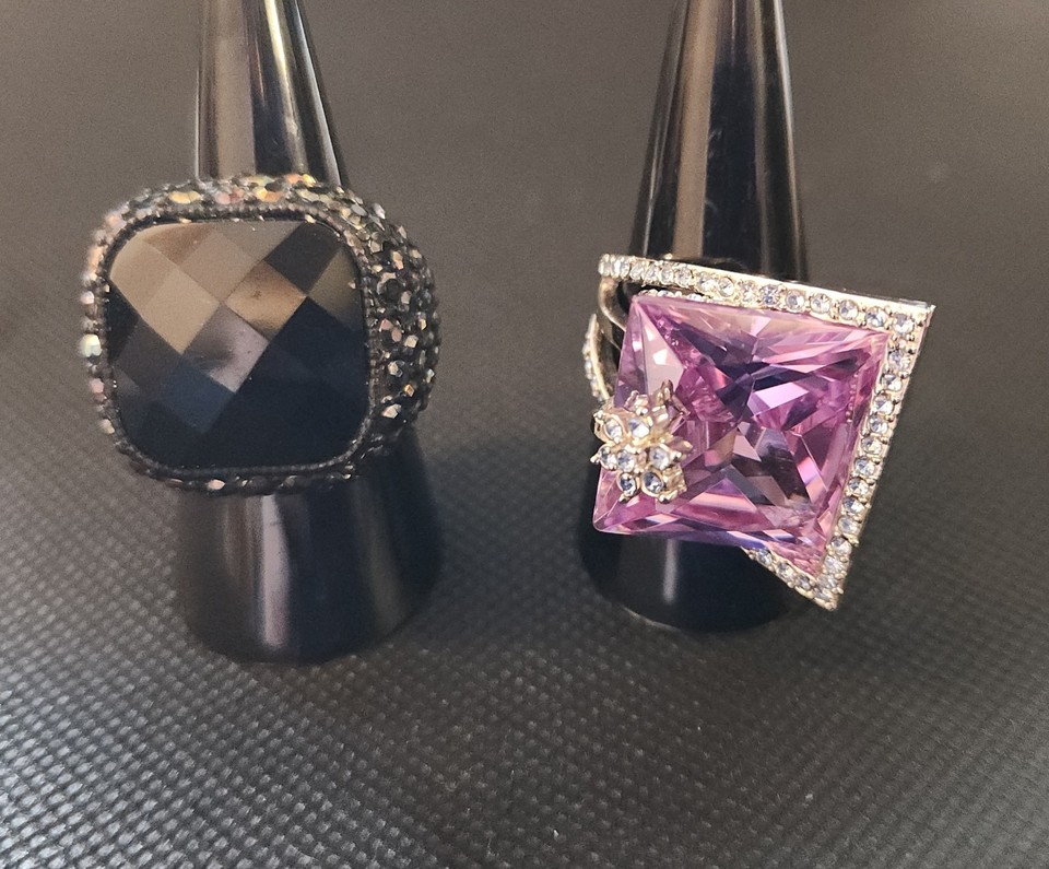 3 x Statement Diamante Crystal Dress Costume Rings Black Purple ...
