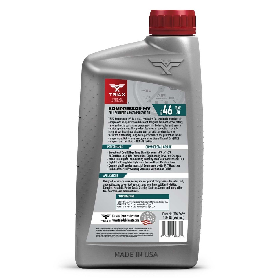TRIAX Kompressor MV 46 (SAE 20) Full Synthetic Air Compressor Oil (1 ...
