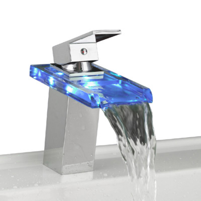 LED Waterfall Water Tap Glass Bathroom Faucet Einhandmischer Valve Wash ...