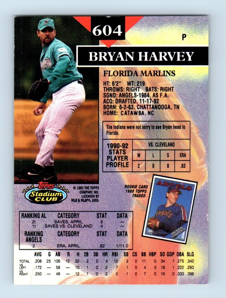 1993 Stadium Club Bryan Harvey Florida Marlins #604 | eBay