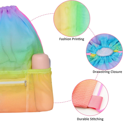 Mesh Drawstring Bag with Zipper Pocket, Beach Bag for Swimming Gear ...