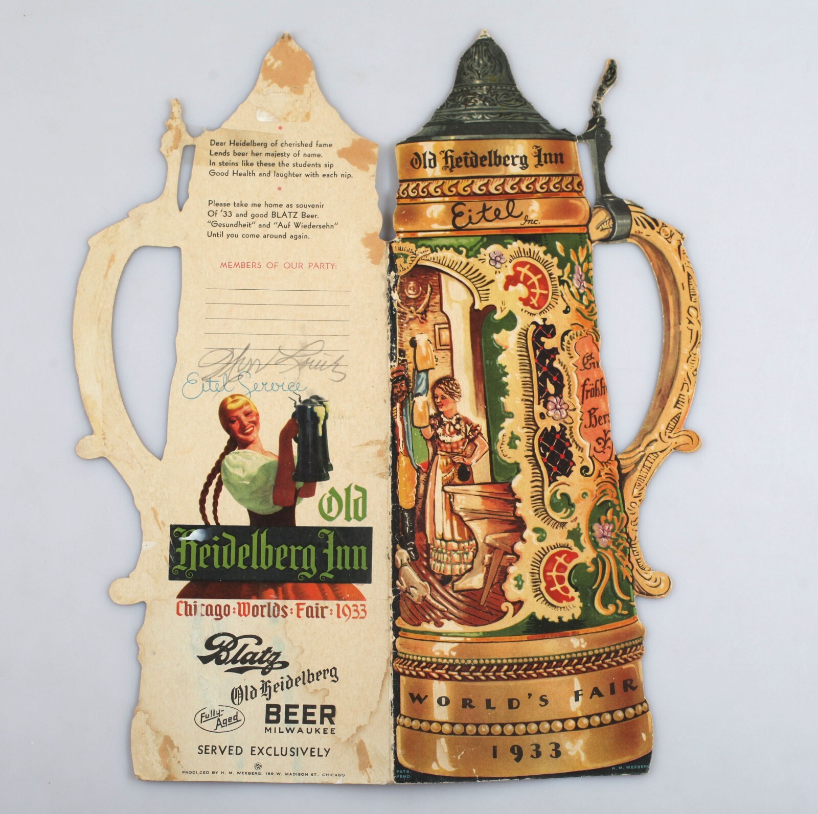 Chicago World's Fair 1933 Old Heidelberg Beer Inn Blatz Cardboard Ad ...