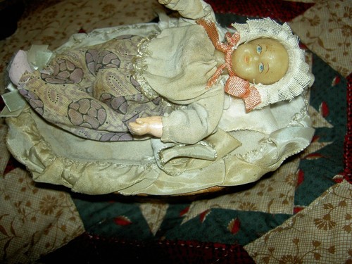 Antique German c1800s, kicking baby doll AUTOMATON in wheeled carriage ...