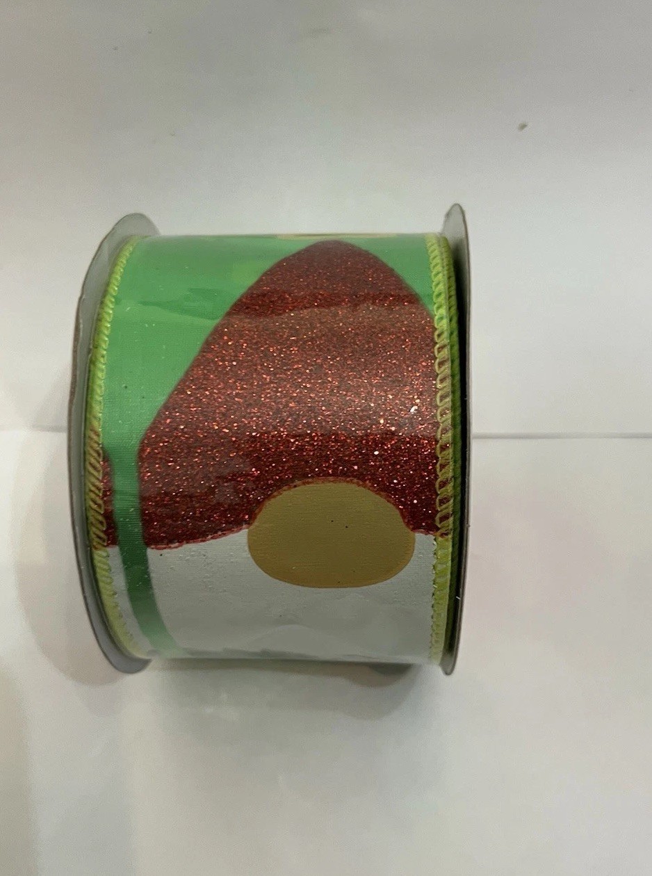 2 1/2” x 30ft. Wired Edge Ribbon. Gnome Print on Green Fall Winter ...