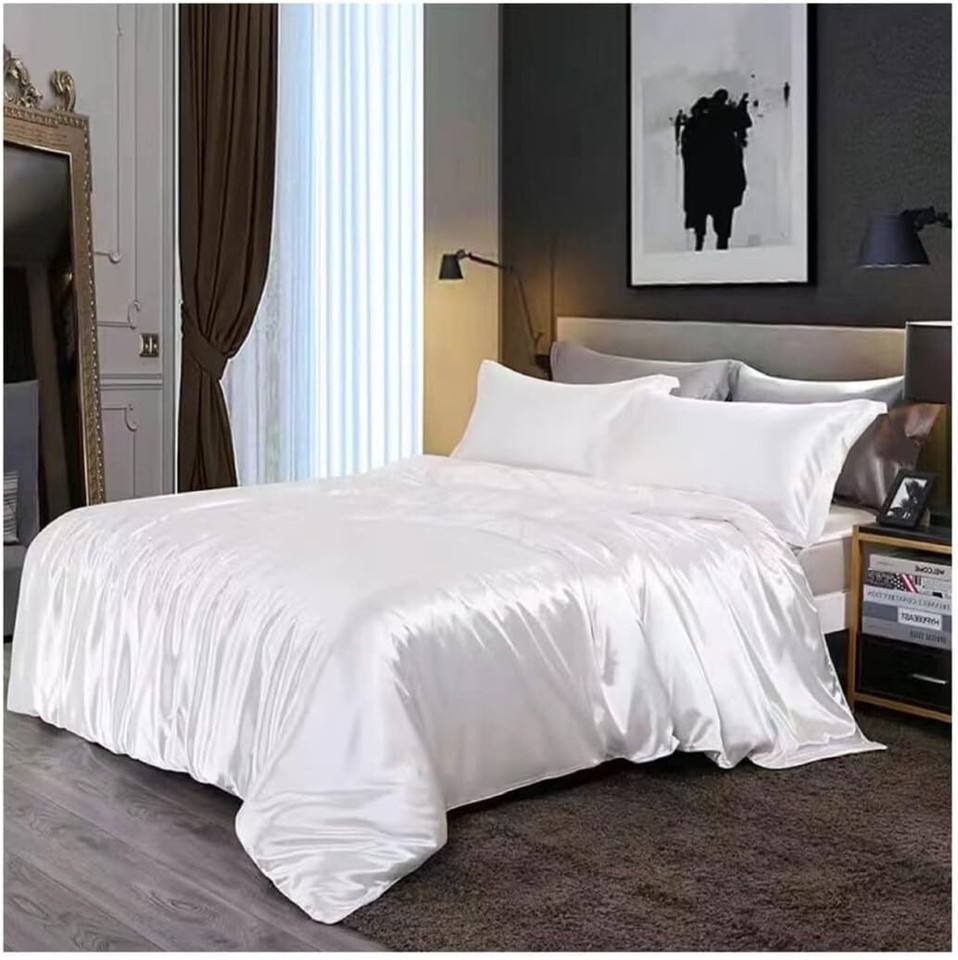 6 PCS SATIN SILK BEDDING SET DUVET COVER FITTED SHEET & 4 PILLOW CASES ...