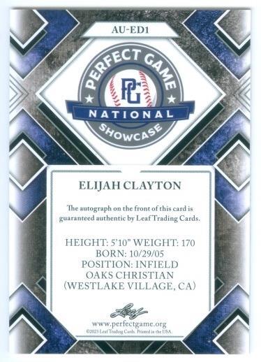 ELIJAH CLAYTON "SHIMMER AUTOGRAPH #1/1" LEAF PERFECT GAME NATL SHOWCASE ...