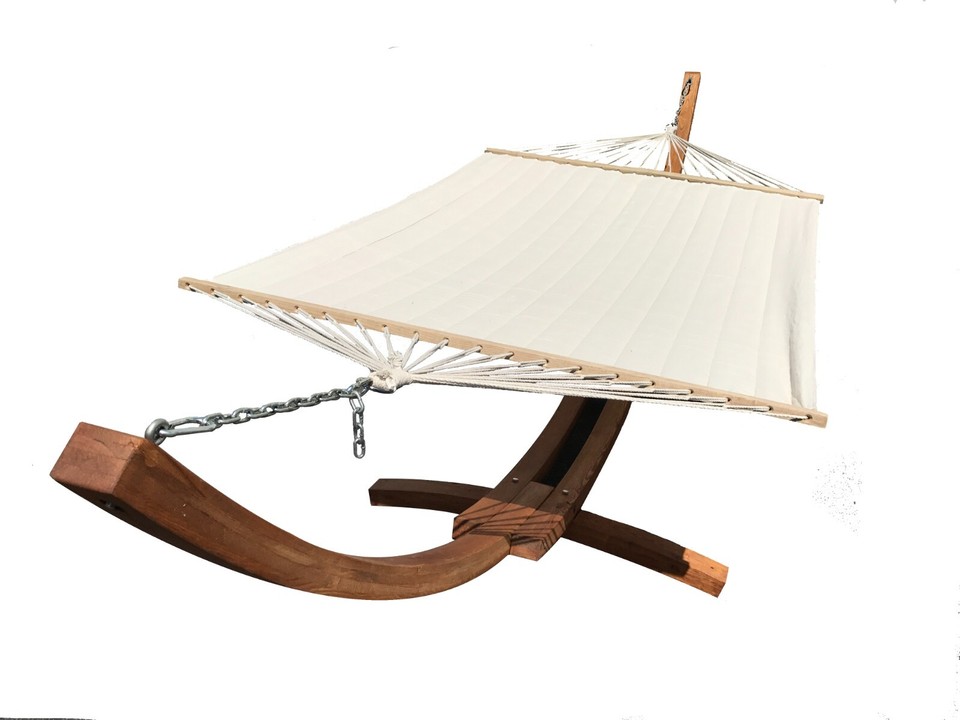 14" Teak Stain Wood Arc Hammock Stand & Quilted Beige Color Hammock Bed ...