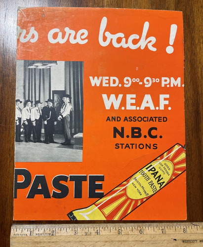 Vintage cardboard partial sign WEAF NBC stations ad Ipana tooth paste ...