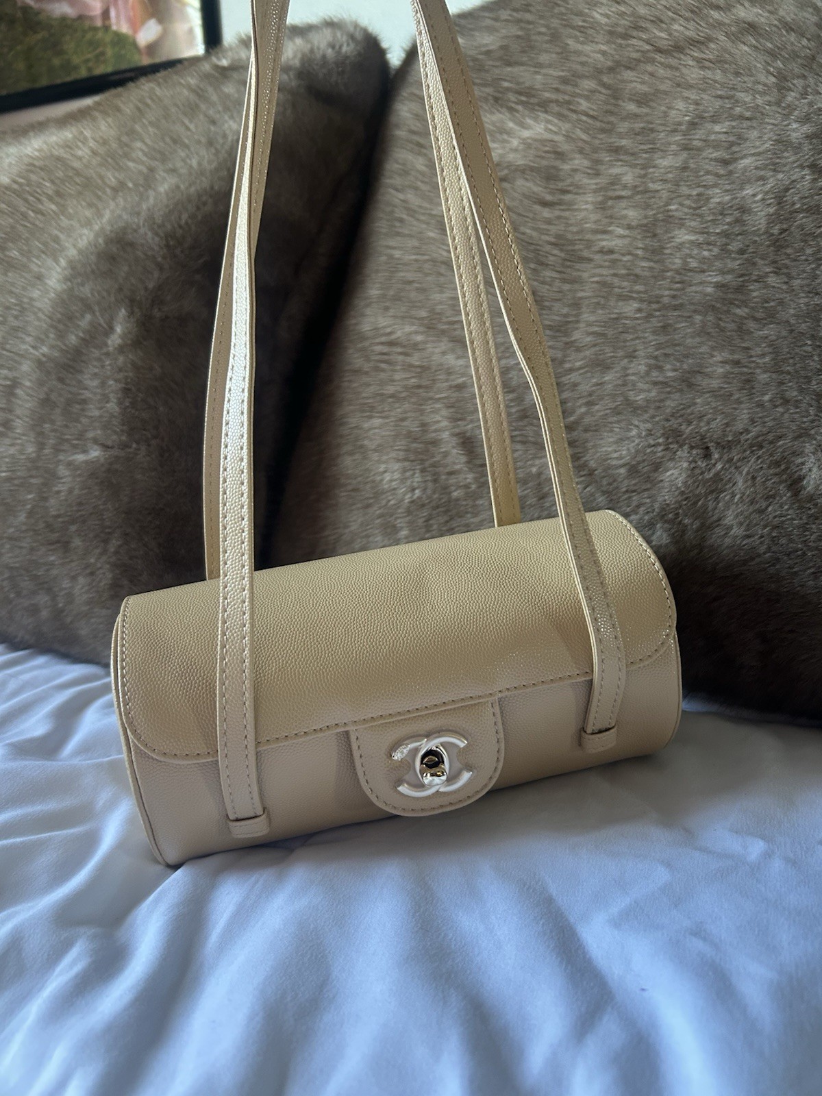 CHANEL Beige Pebbled Cylinder Shoulder Bag CC Turn Lock Silver Hardware ...