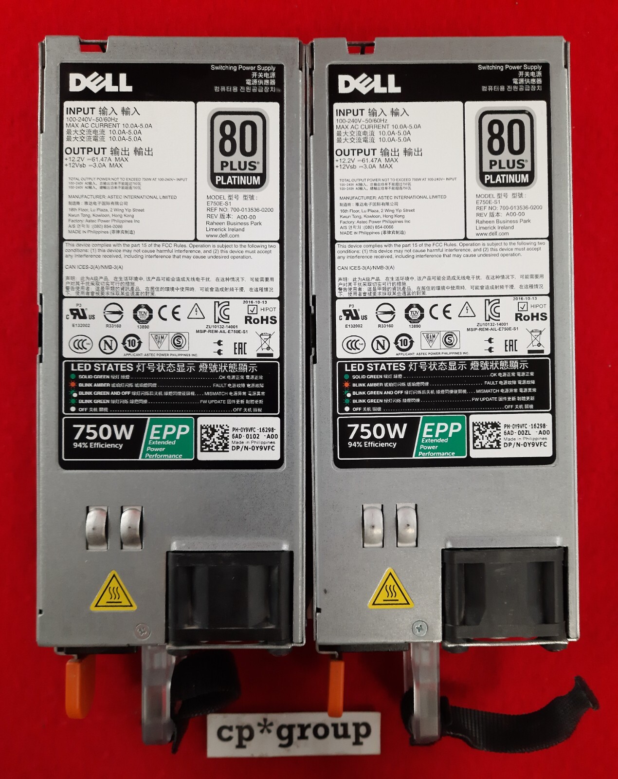 LOT OF 2 Dell 750W 80 Plus Platinum Power Supply Y9VFC | eBay