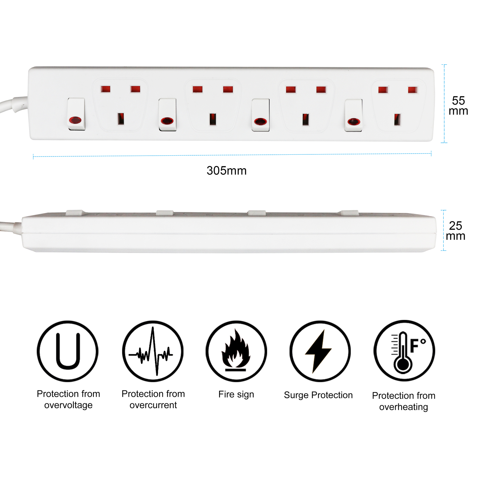 4 WAY 4 GANG SWITCHED EXTENSION LEAD EXTENTION LEAD 1M/ 2M/ 4 SOCKETS ...