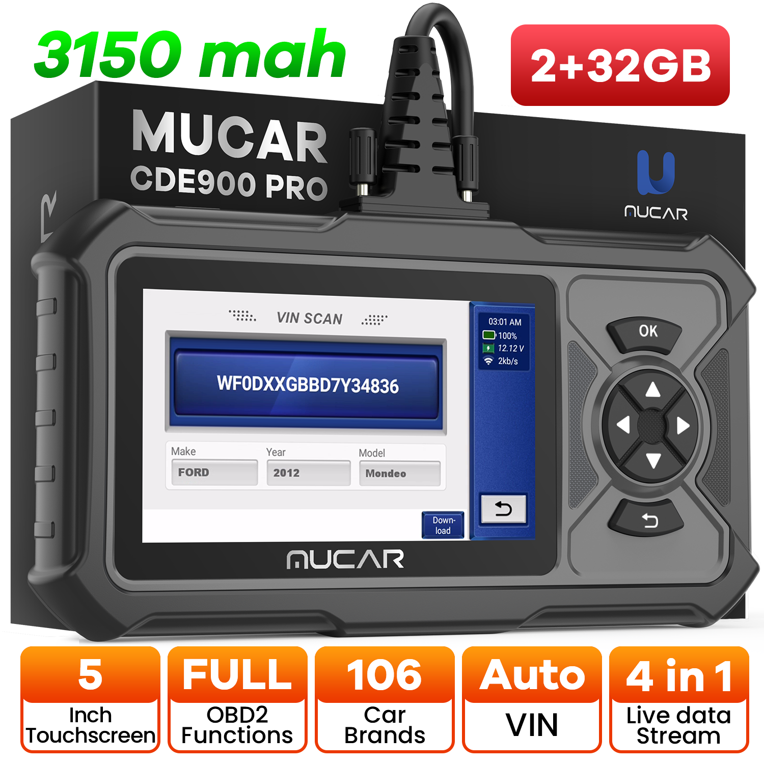 MUCAR CDE900 PRO OBD2 Scanner Diagnostic Tool All System OBDII Car Code ...