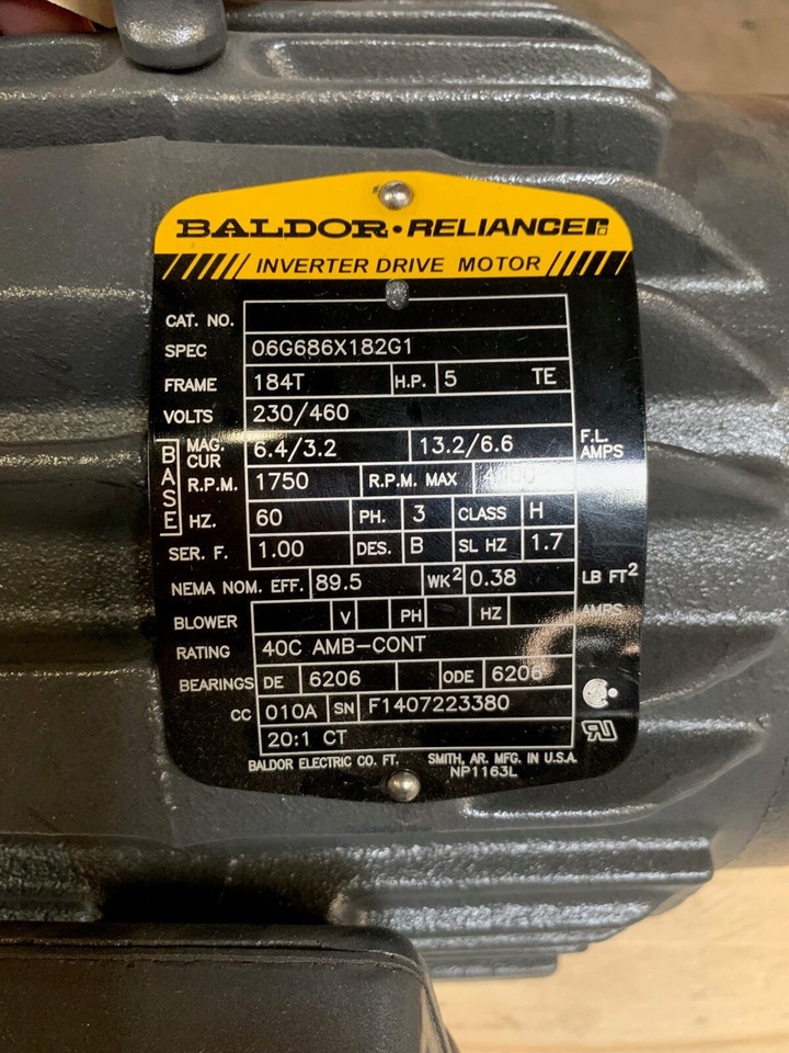 Baldor Reliance Inverter Duty Motor, 5HP, 1750RPM, 184T, 230/460VAC ...