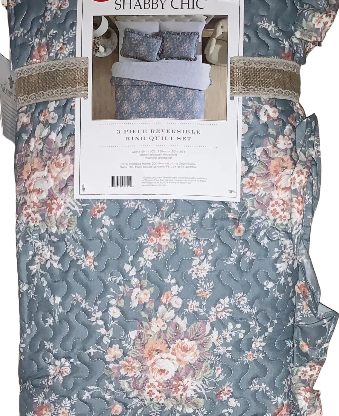 Shabby Chic, Rachel Ashwell Reversible Blue Floral KING Quilt & Sham ...