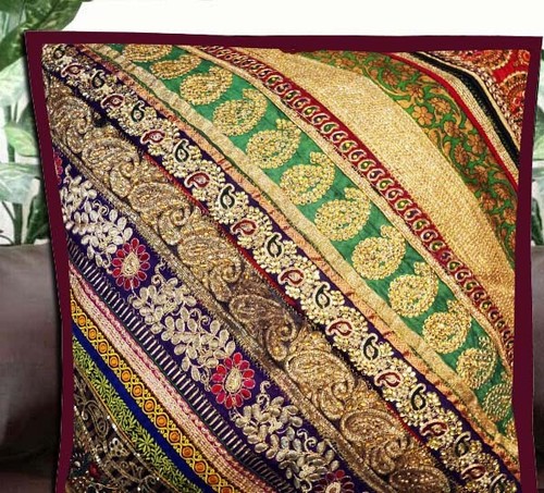 24" EXQUISITE SARI BEADED SEQUIN MOTI THROW FLOOR ACCENT CUSHION PILLOW ...