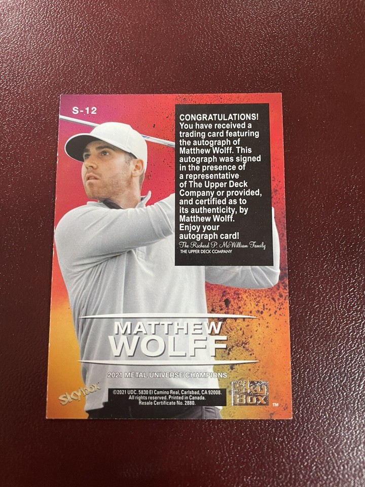 MATTHEW WOLFF 2021 METAL UNIVERSE SKYBOX S-12 RC AUTO AUTOGRAPH SP PGA ...