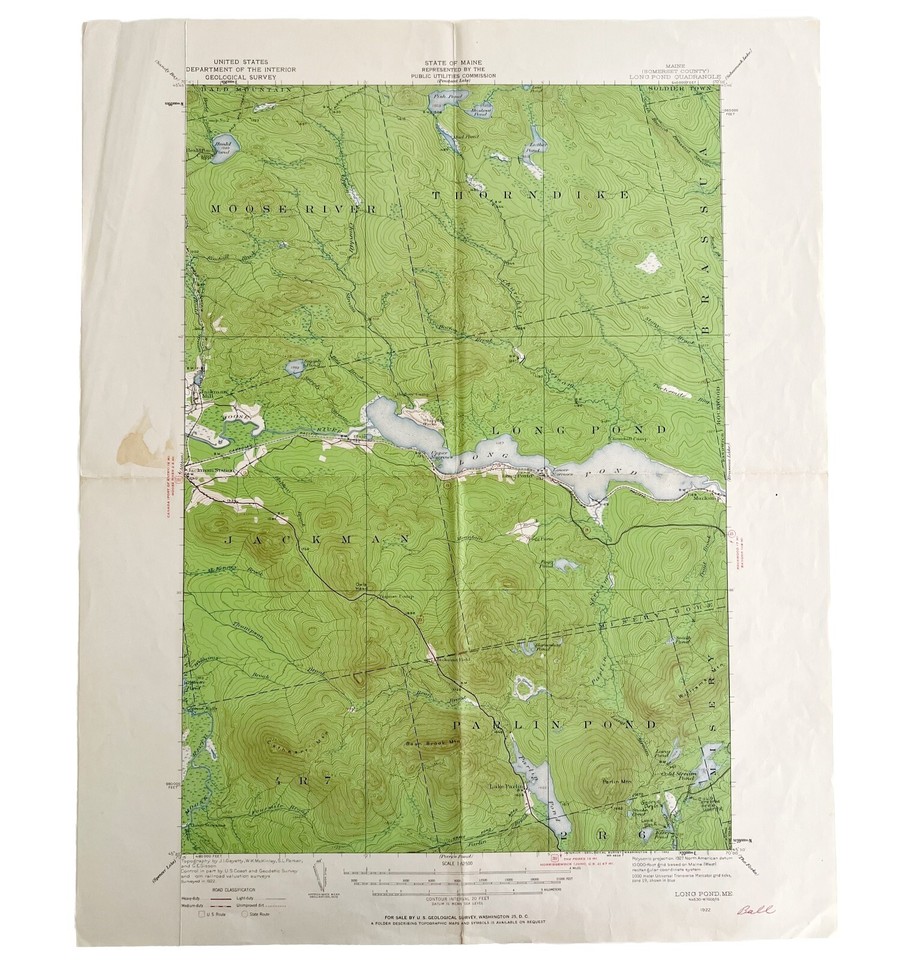 Map Long Pond Maine 1922 Topographic Geo Survey 1:62500 Antique 21 x 17 ...