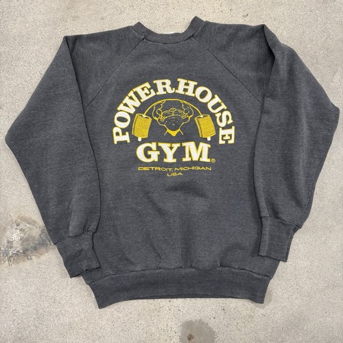 Vtg 80s Powerhouse Gym USA Sweatshirt Faded Black Bodybuilding Detroit ...