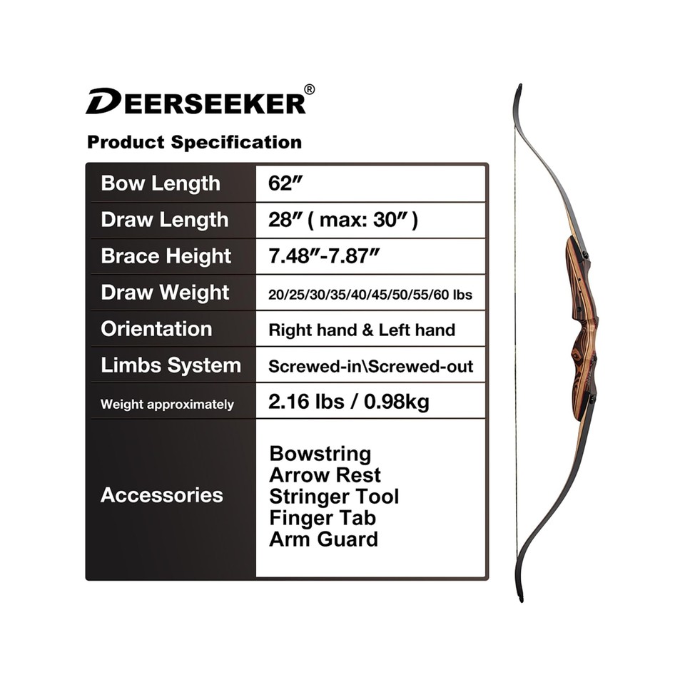 Deerseeker Archery Bow Set 62" Takedown Recurve Bow Traditional Bow Set ...